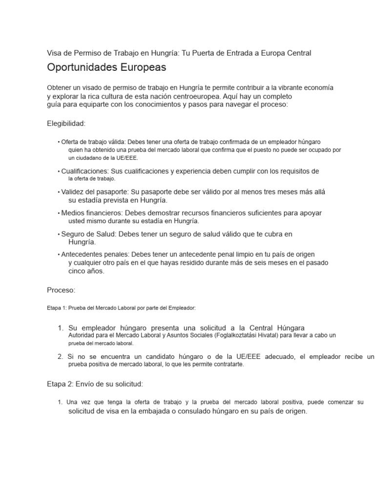Visa de Permiso de Trabajo de Hungría | PDF | Visa de viaje | Hungría
