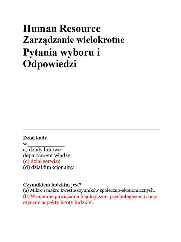 Zarządzanie Zasobami Ludzkimi - Pytania I Odpowiedzi W Formie Wyboru ...