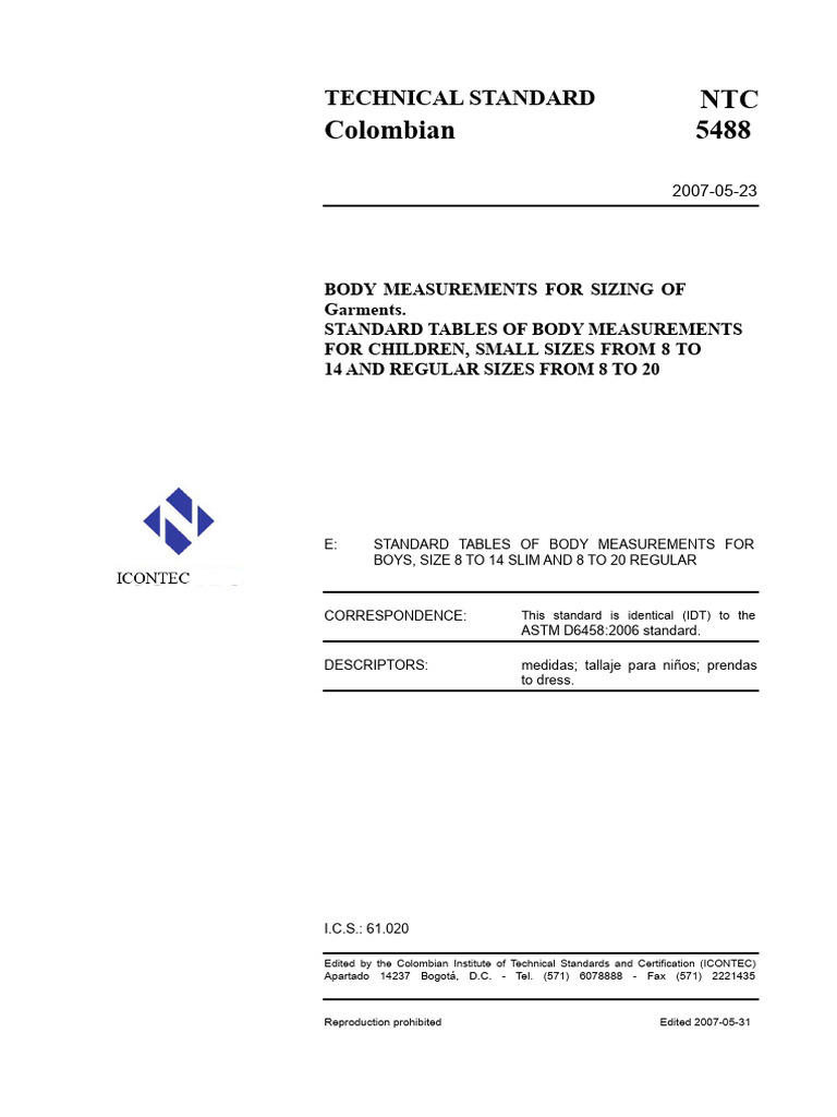 NTC5488 Body Measurements For Garment Sizing. Standard Body Measurement ...