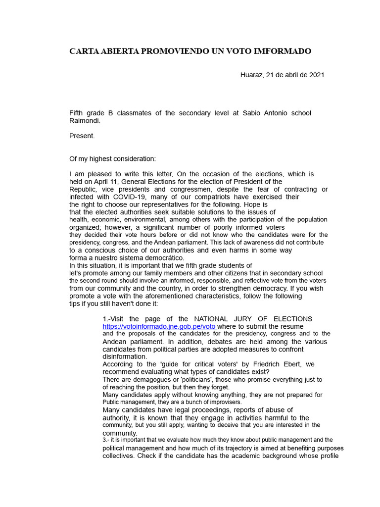 OPEN LETTER PROMOTING AN INFORMED VOTE | PDF | Elections | Political ...