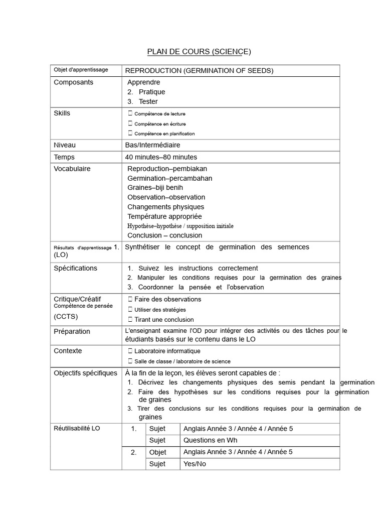 Germination des Graines : Plan de Cours | PDF | Graine | Apprentissage