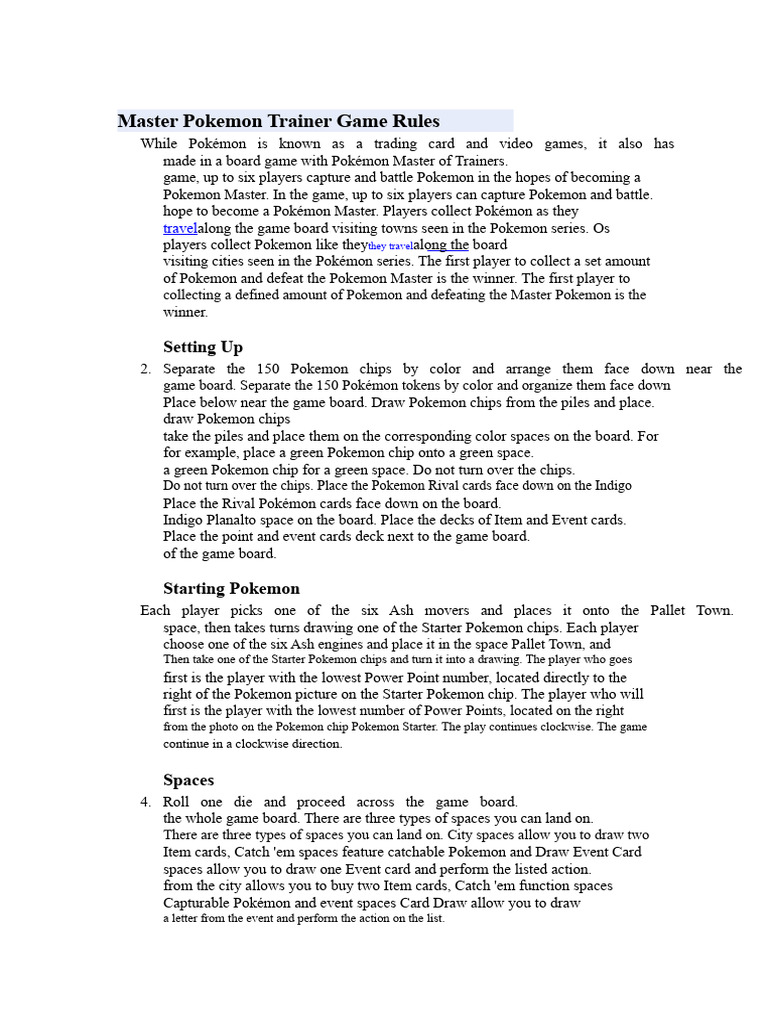 Pokémon Master Trainer Game Rules | PDF | Pokémon | Tabletop Games