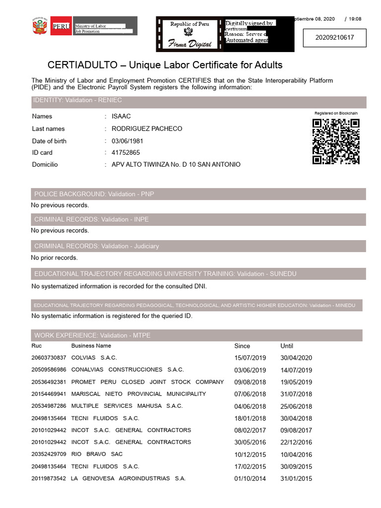 Unique Labor Certificate | PDF | Criminal Record | Government