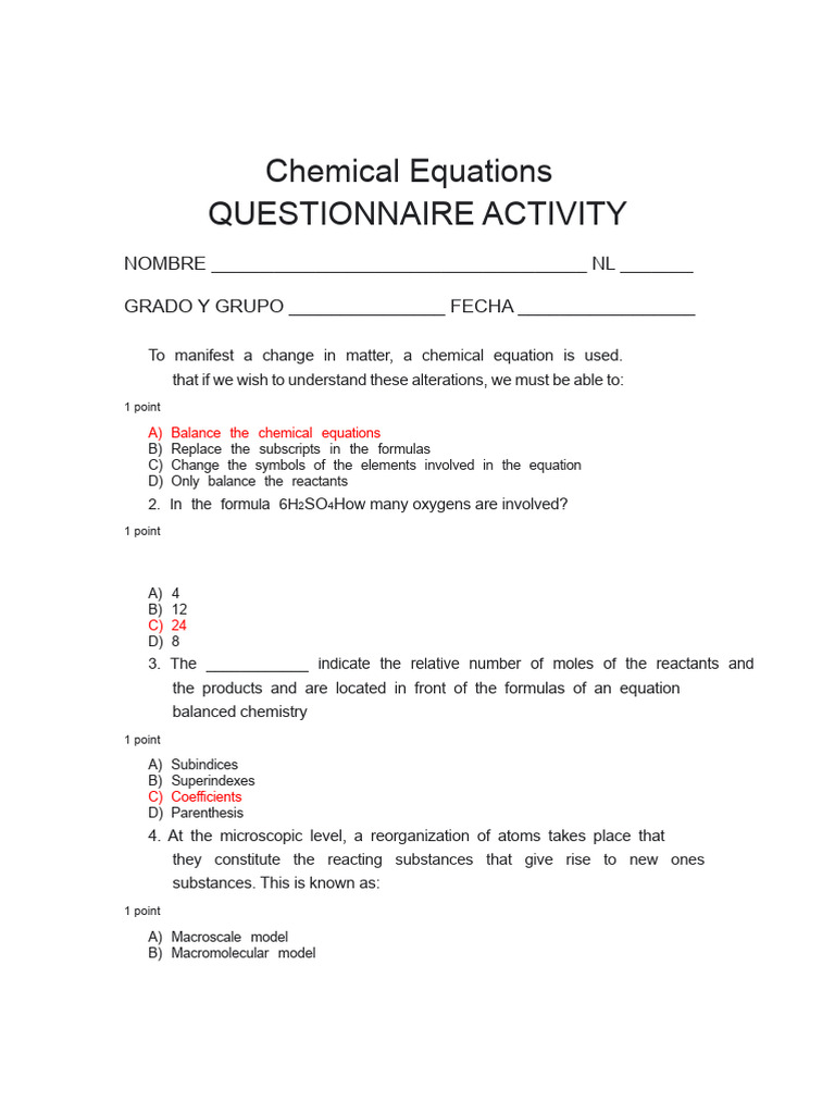 Understanding Chemical Equations Quiz | PDF | Chemistry | Physical Sciences