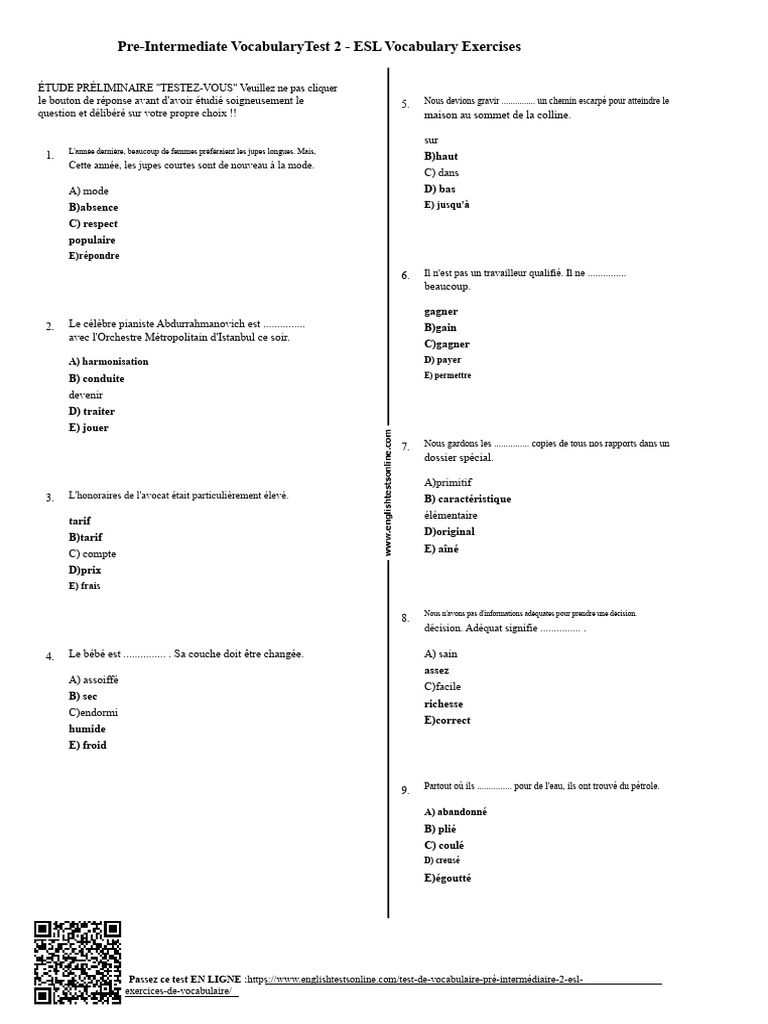 Test de vocabulaire pré-intermédiaire 2 | PDF