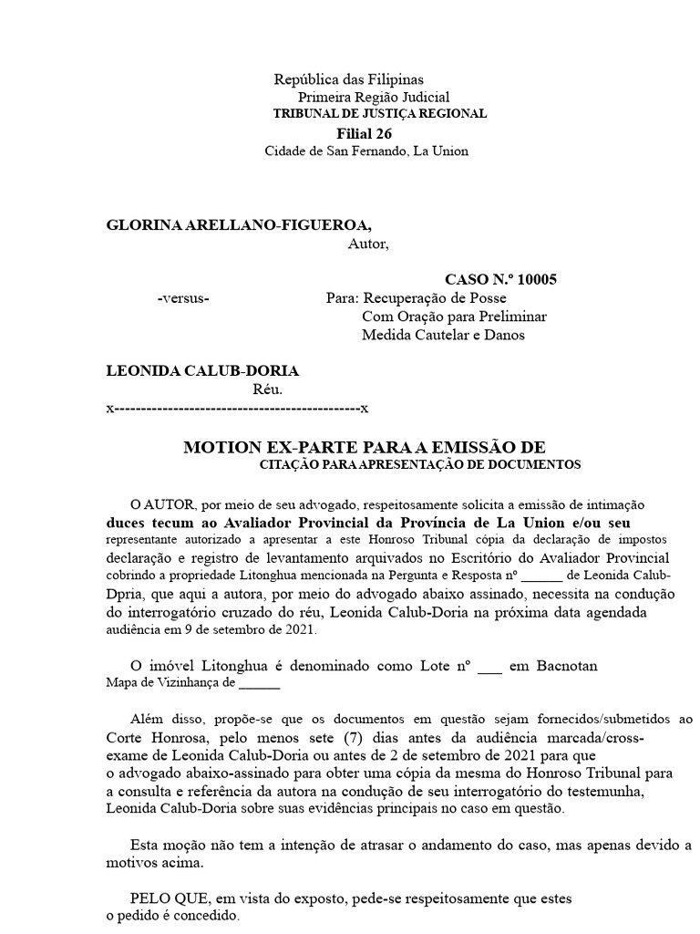 MOTION EX PARTE PARA A EMISSÃO DE SUBPOENA DUCES TECUM NO CASO FIGEUROA ...