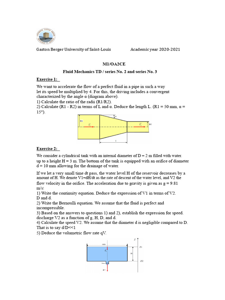 Fluid Mechanics TD Series N2 2020 2021 M1OA2CE | PDF | Civil ...