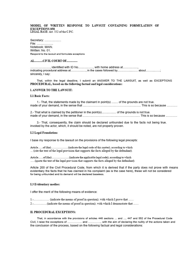 Response to Lawsuit with Procedural Exceptions | PDF | Lawsuit | Justice