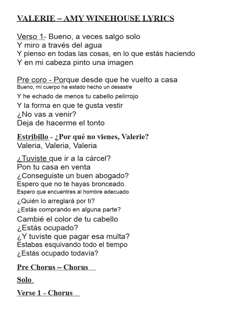 Letras de "Valerie" de Amy Winehouse | PDF