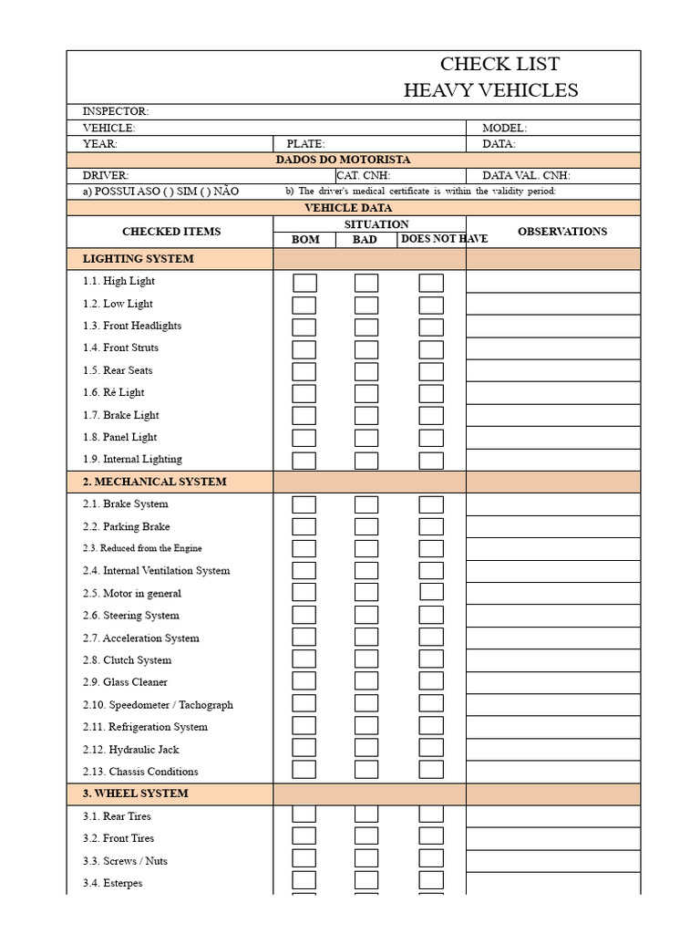 Vehicle Checklist Model CDMT | PDF | Vehicles | Wheeled Vehicles