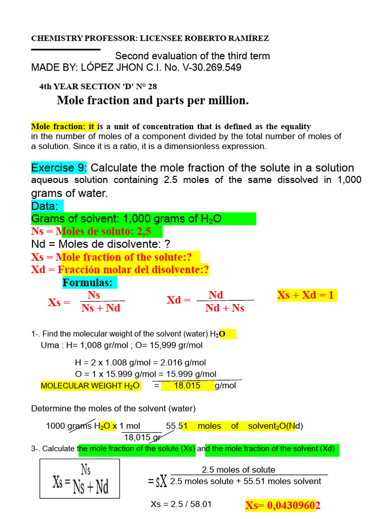 EXERCISES MOLE FRACTION AND PPM LOPEZ JHON 4th D PDF | PDF | Parts Per ...