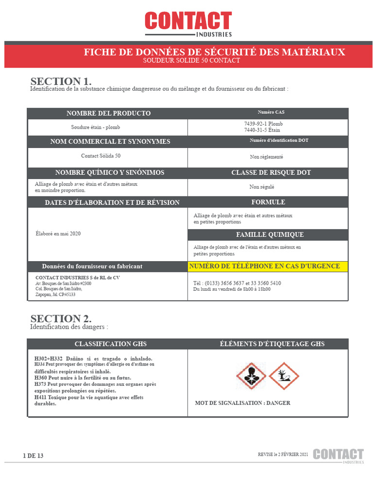 Fiche de Sécurité SOUDURE ÉTAIN 5050 | PDF | Substances chimiques | Soudage