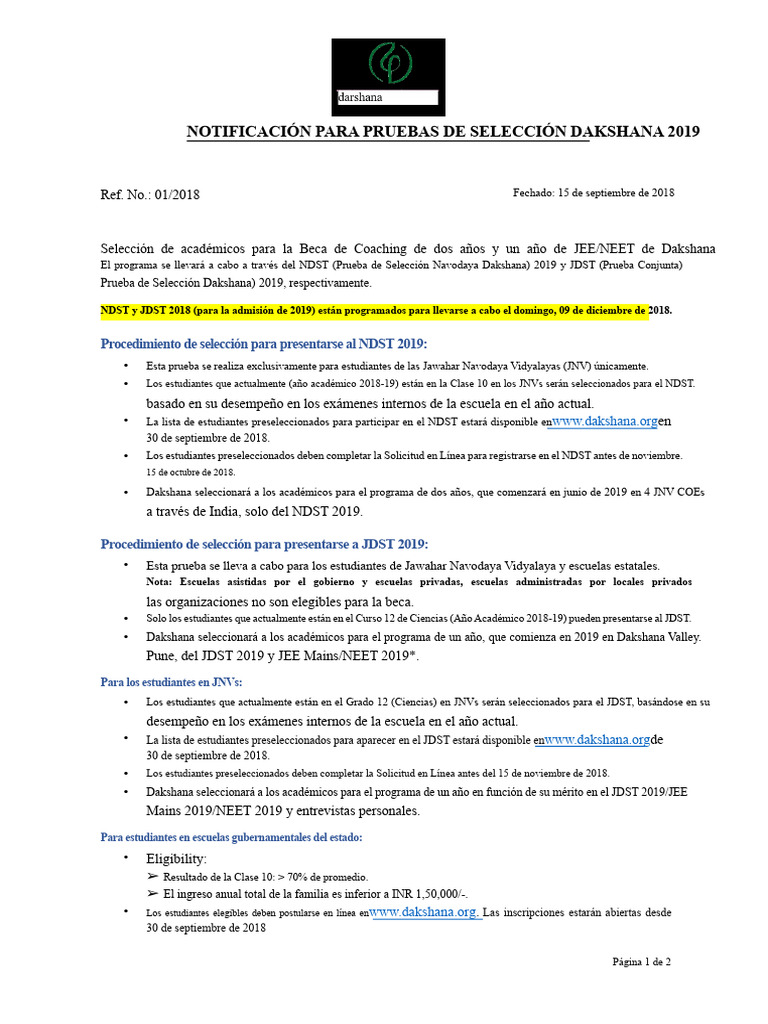 Convocatoria Pruebas Selección Dakshana 2019 | PDF