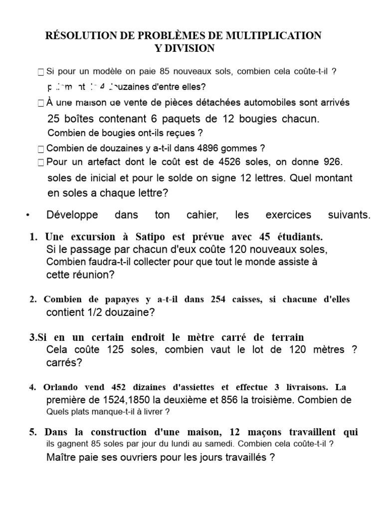 Problèmes de Multiplication Et de Division À Résoudre Pour La Cinquième ...