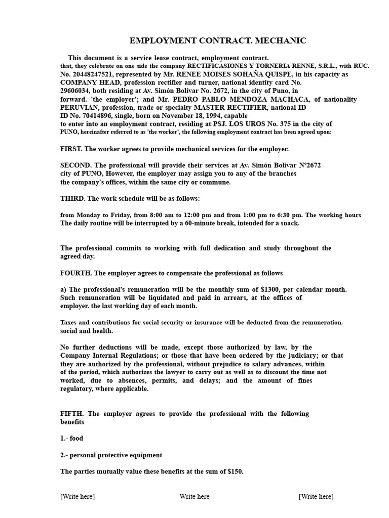 Mechanic Employment Contract Template | PDF | Employment | Breach Of ...