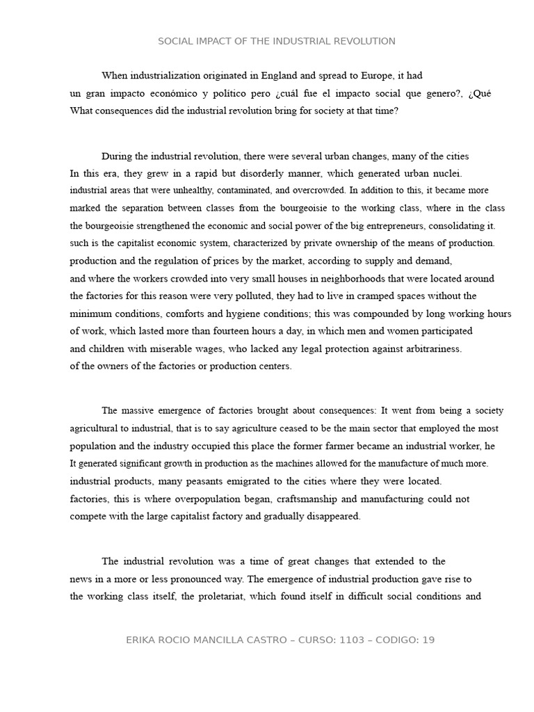 Argumentative Text: SOCIAL IMPACT OF THE INDUSTRIAL REVOLUTION | PDF ...