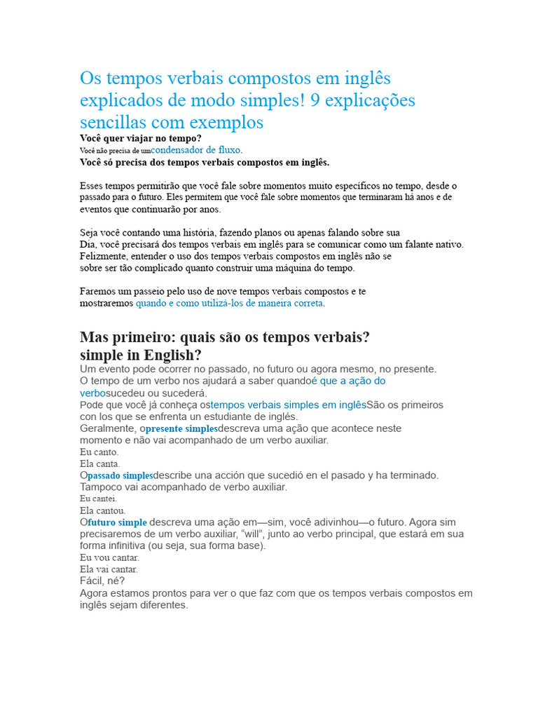 Tempos Verbais Compostos em Inglês: Guia Simples | PDF | Tempo | Sintaxe
