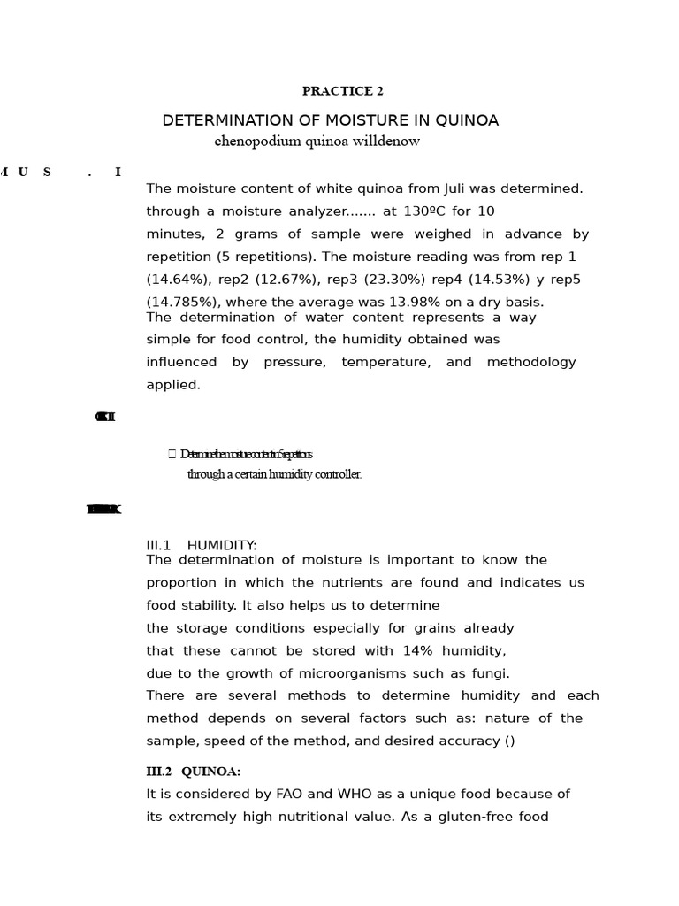 Moisture Content Analysis of Quinoa | PDF | Nutrition | Diet & Nutrition