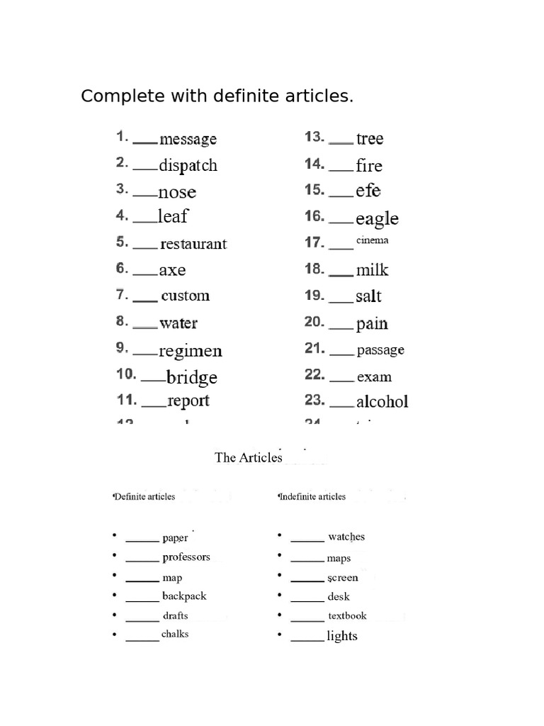 Complete With Definite and Indefinite Articles. | PDF