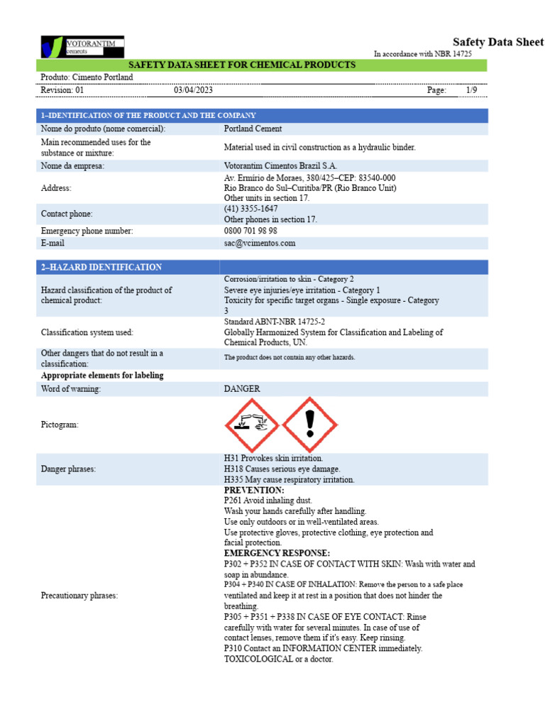 Portland Cement Safety Data Sheet | PDF | Personal Protective Equipment ...