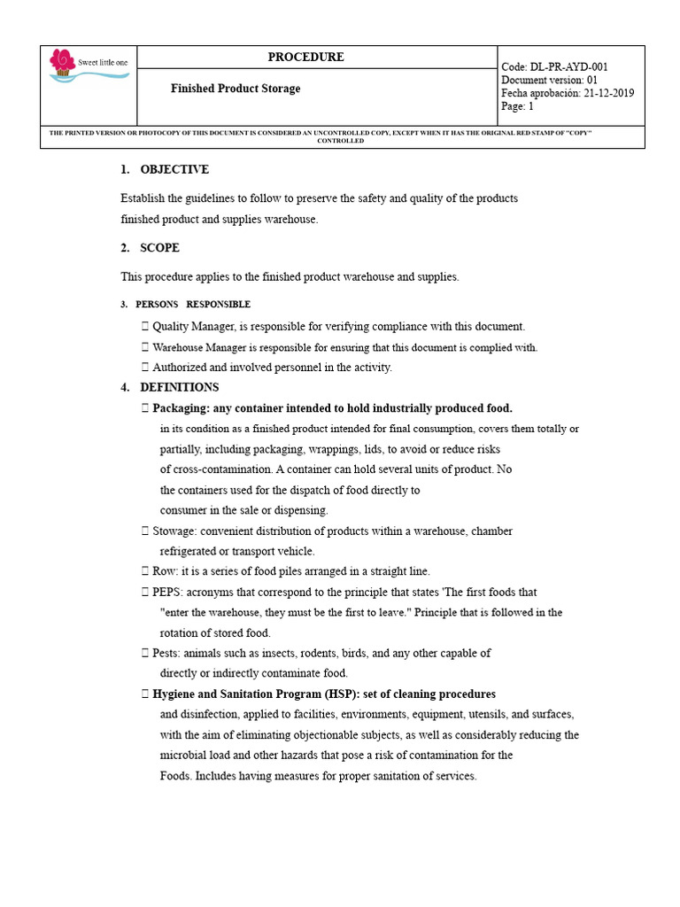 Finished Product Storage Procedure | PDF | Warehouse | Hygiene