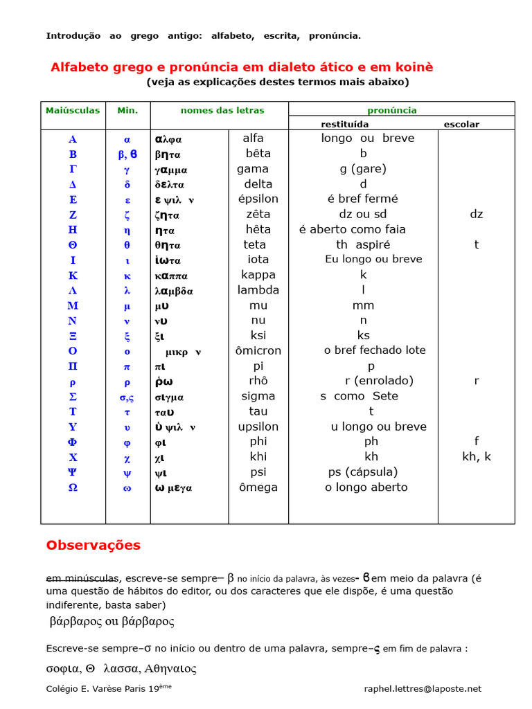 Alfabeto e Pronúncia do Grego Antigo | PDF | Grego (idioma) | Koiné