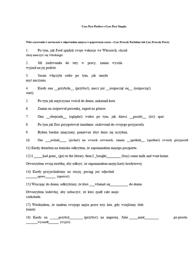 4 Czas Past Perfect vs czas Past Simple z odpowiedziami (1) | PDF