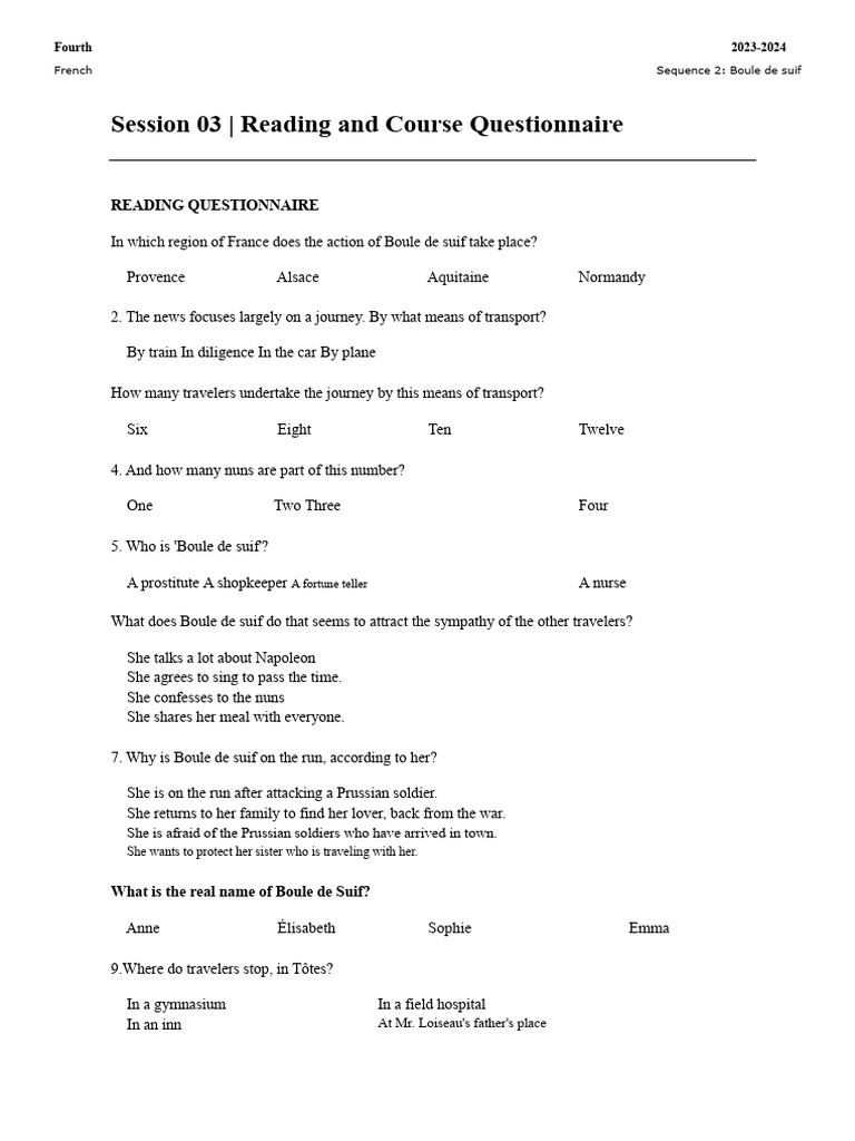 Boule de Suif Reading Questionnaire | PDF