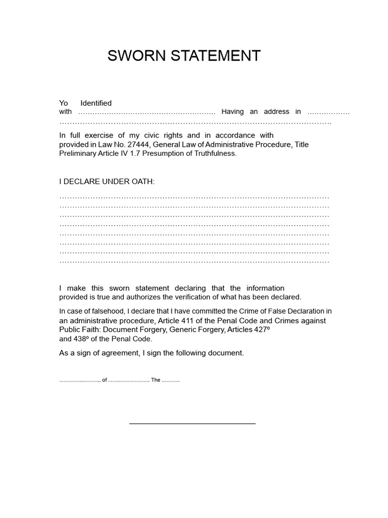 Sworn Statement Declaration Template | PDF