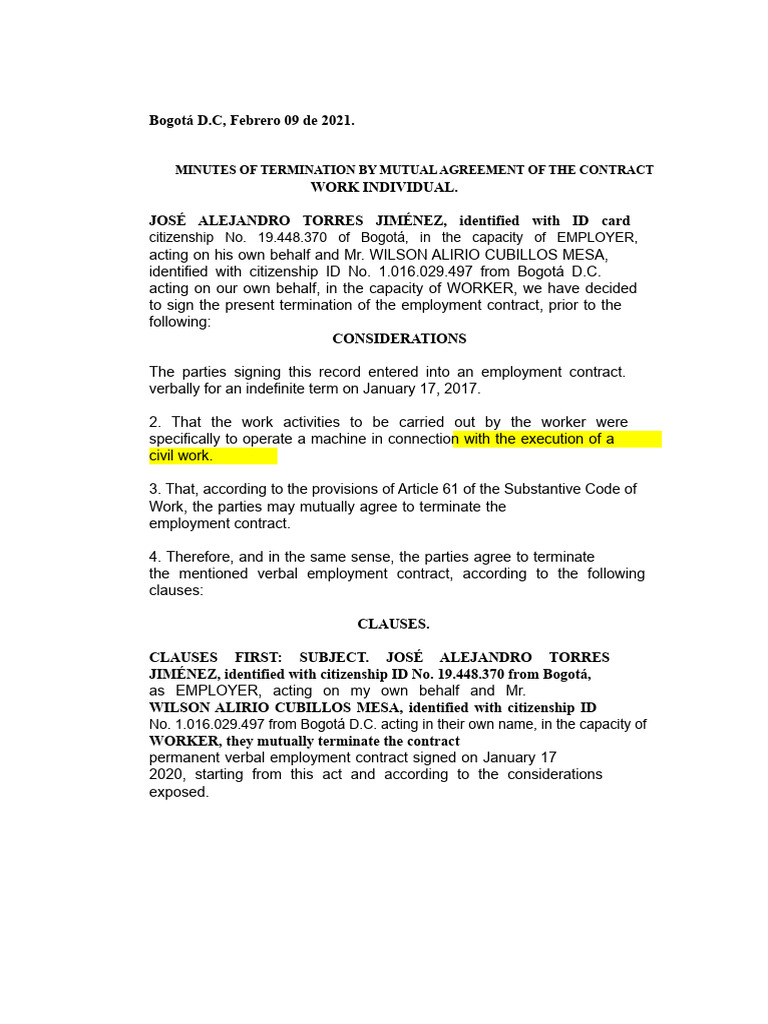 Termination Agreement of the Contract by Mutual Consent | PDF ...