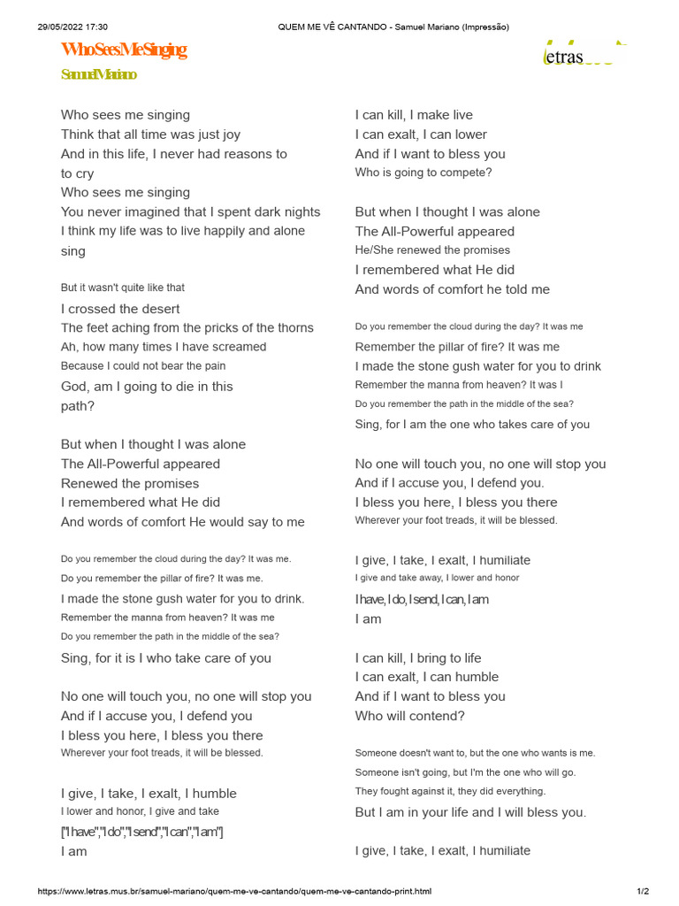 WHO SEES ME SINGING - Samuel Mariano (Impression) | PDF