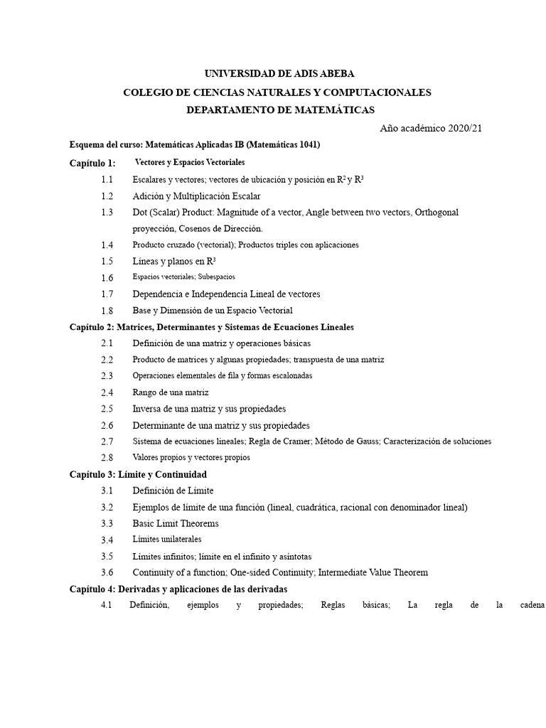 esquema del curso Matemáticas 1041 | PDF | Espacio vectorial | Matriz (Matemáticas)