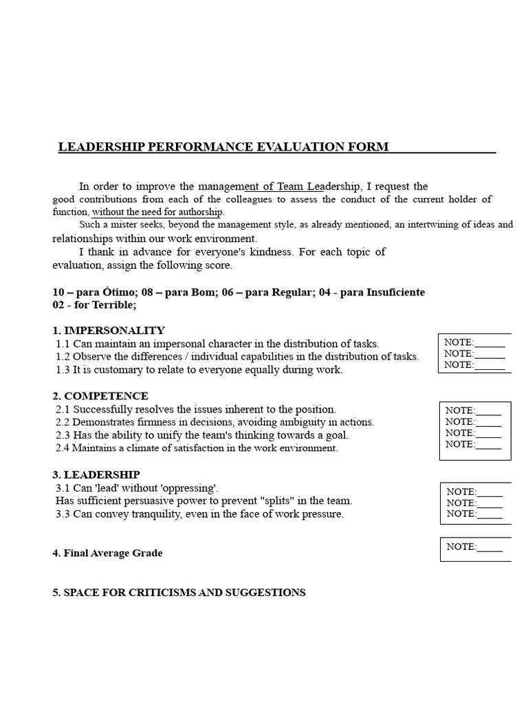 Leadership Performance Evaluation Form | PDF