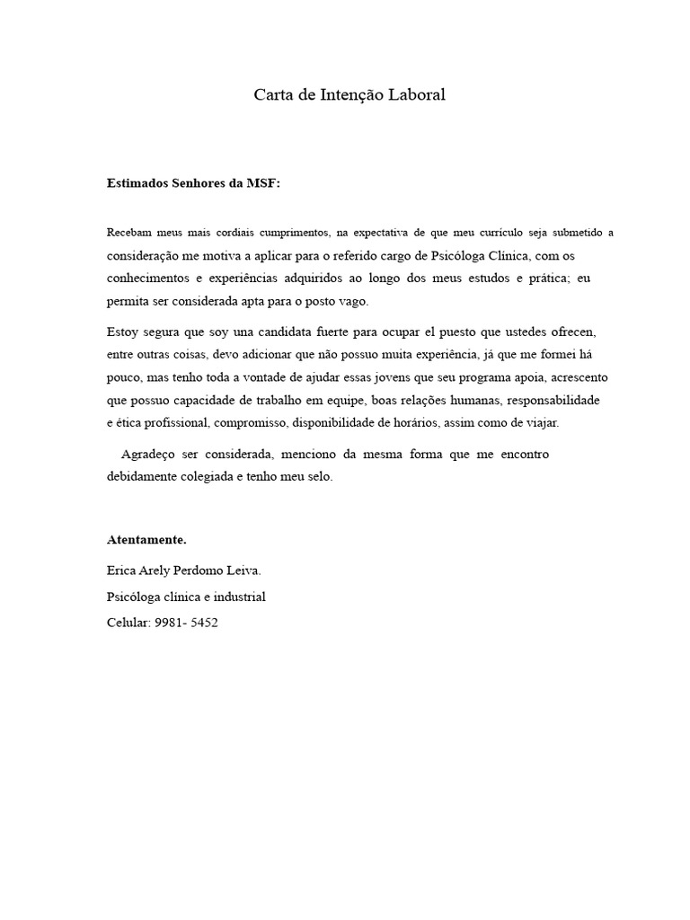 Carta de Intenção para Psicóloga Clínica | PDF