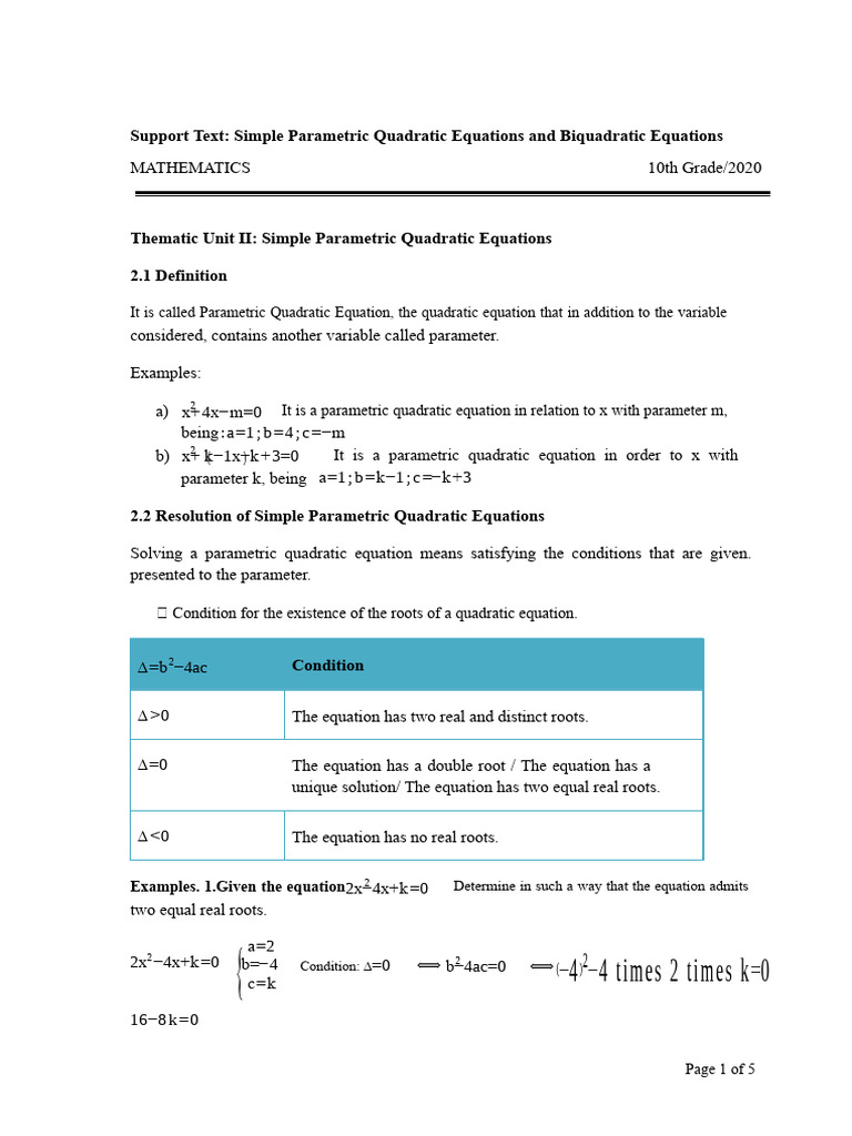 Simple Parametric Quadratic Equations and Biquadratic Equations | PDF ...