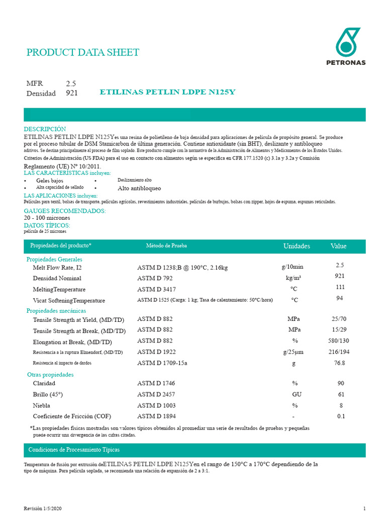 Hoja de Producto Petlin LD N125y - 0 | PDF