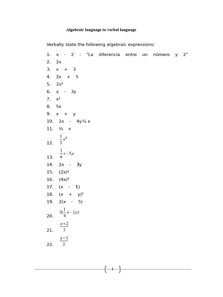 Verbal and Algebraic Expression Guide | PDF | Elementary Mathematics ...
