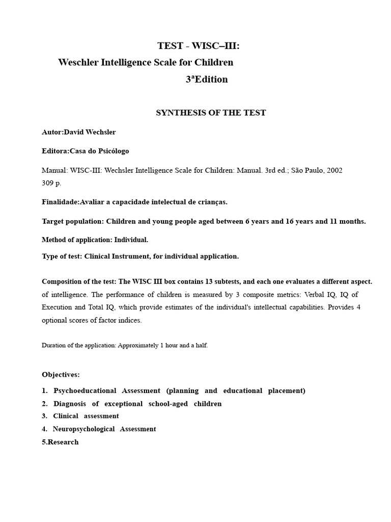 Wisc-III Handbook 2011 | PDF | Wechsler Adult Intelligence Scale ...