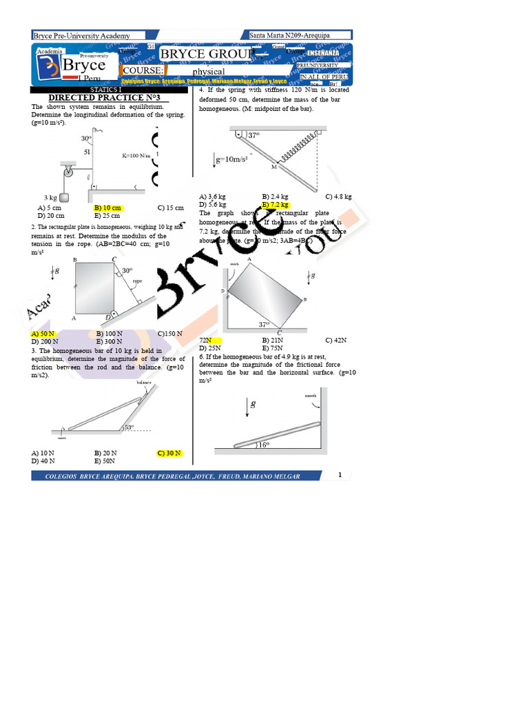 3rd Statics Practice - Physics 1 - Luiggi Pareja | PDF | Force | Friction