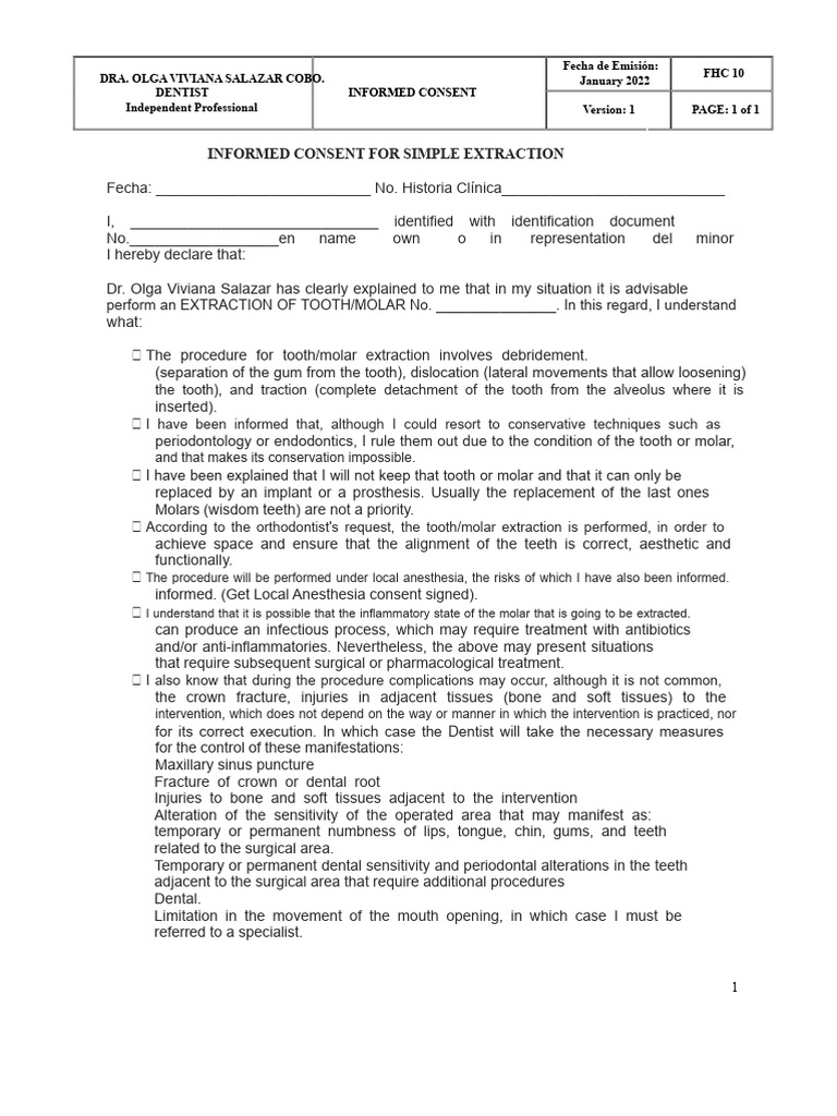 2 Consent for simple tooth extraction | PDF | Medical Specialties ...