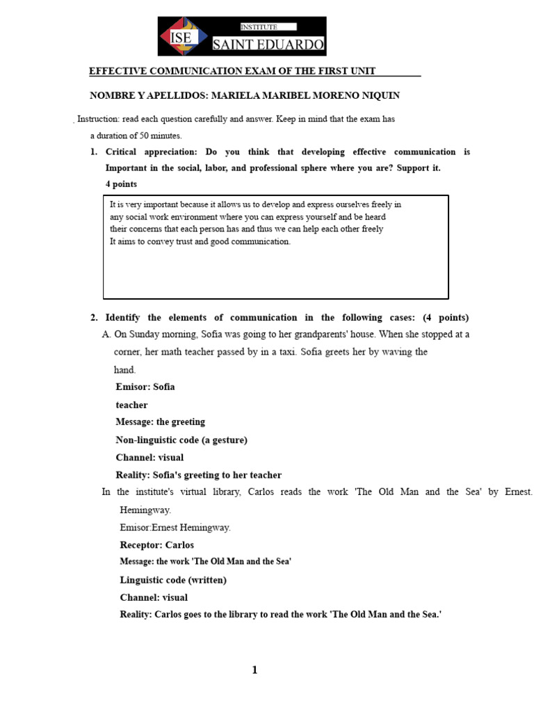 Effective Communication Exam of the First Unit | PDF | Communication | Question