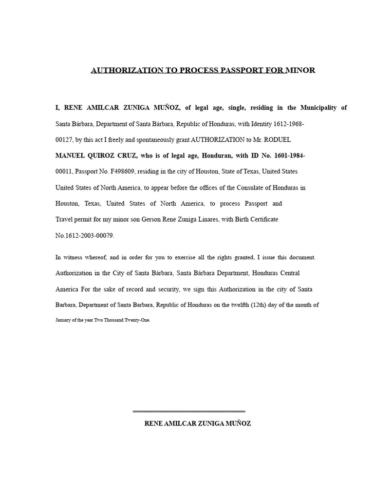 AUTHORIZATION TO PROCESS PASSPORT FOR MINOR | PDF
