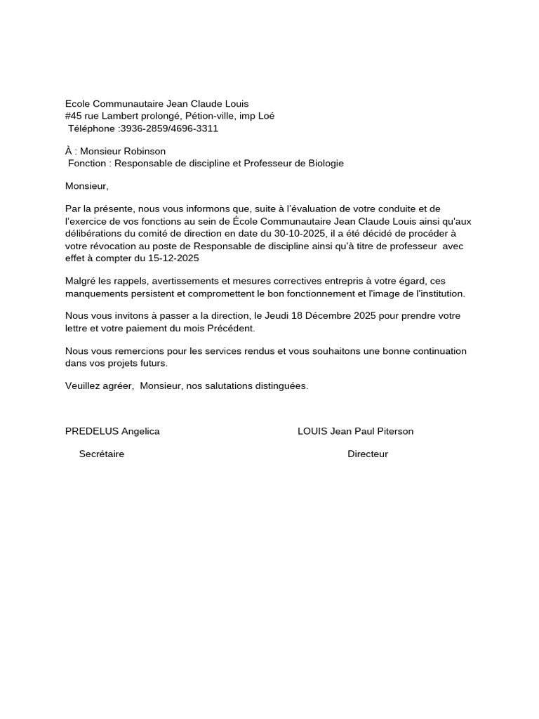 Révocation de Monsieur Robinson à l'école | PDF