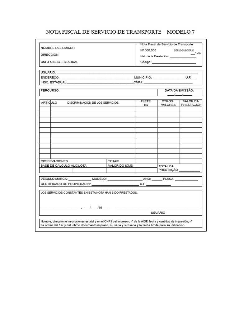 Nota Fiscal de Servicios de Transporte Mod 7 | PDF