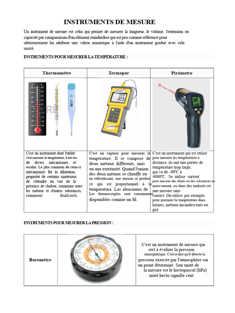 Instruments de mesure : types et fonctions | PDF | Pression | Ph
