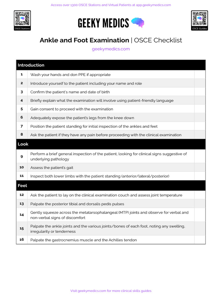 Ankle and Foot Examination OSCE Checklist Geeky Medics | PDF | Foot | Ankle