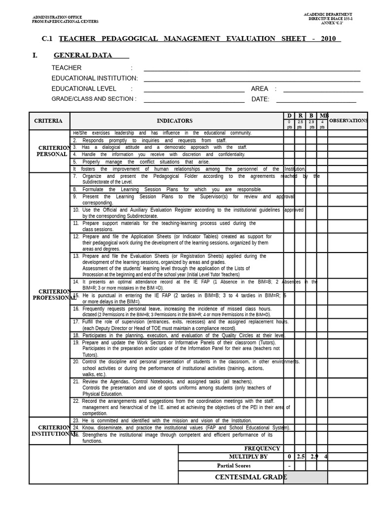 Teacher Evaluation Management Sheet 2010 | PDF | Teachers | Classroom