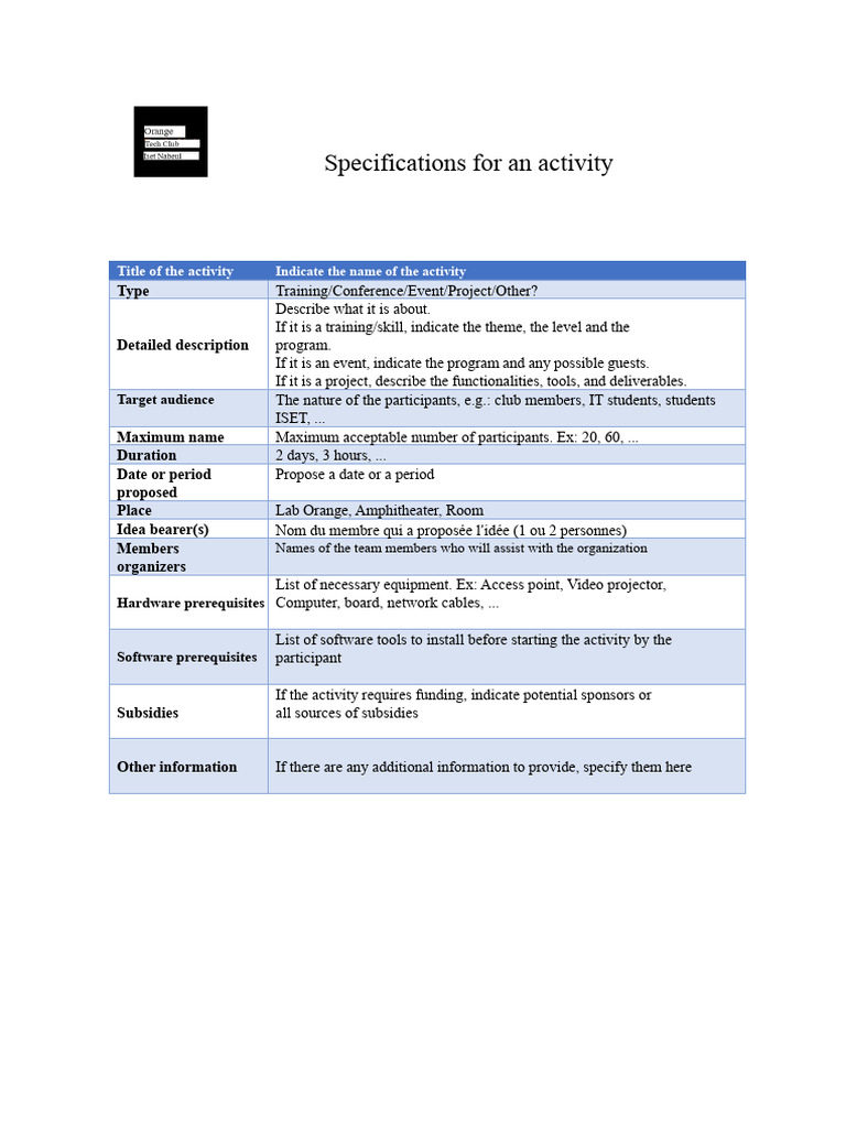 Activity specifications template | PDF