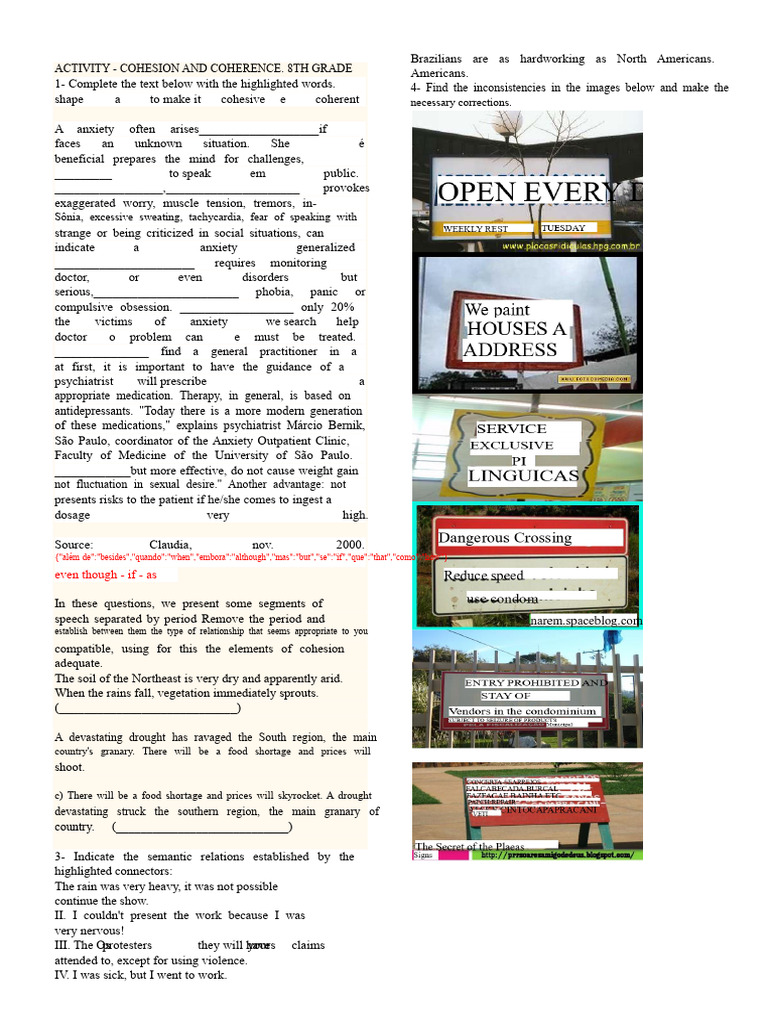 Activity - Cohesion and Coherence - 8th Grade | PDF | Anxiety ...