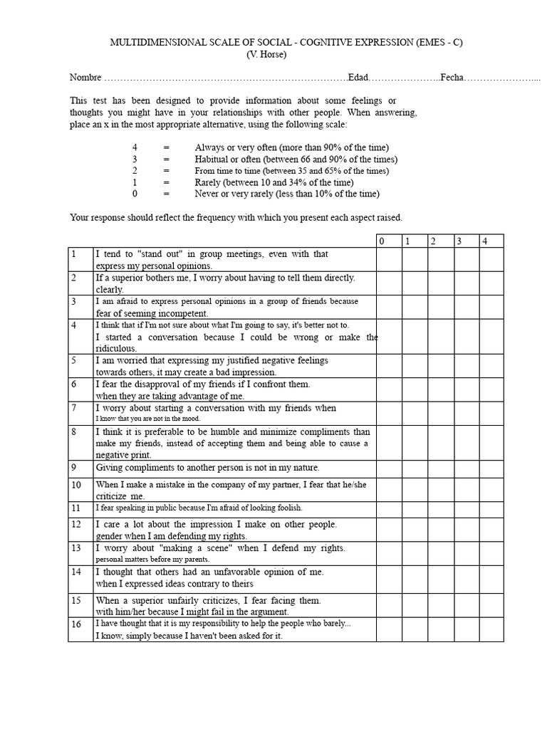 MULTIDIMENSIONAL SCALE OF SOCIAL EXPRESSION-test | PDF | Fear | Gender